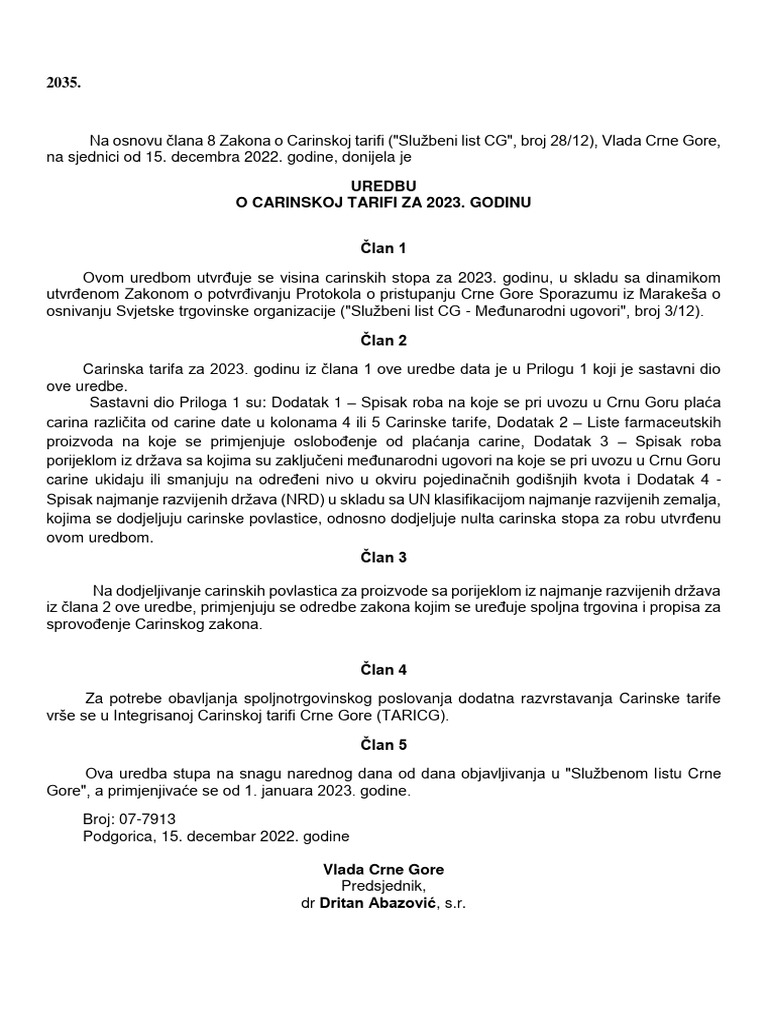 Uredba o Carinskoj Tarifi Za 2023 Sluzbeni List 148 - 2022 | PDF