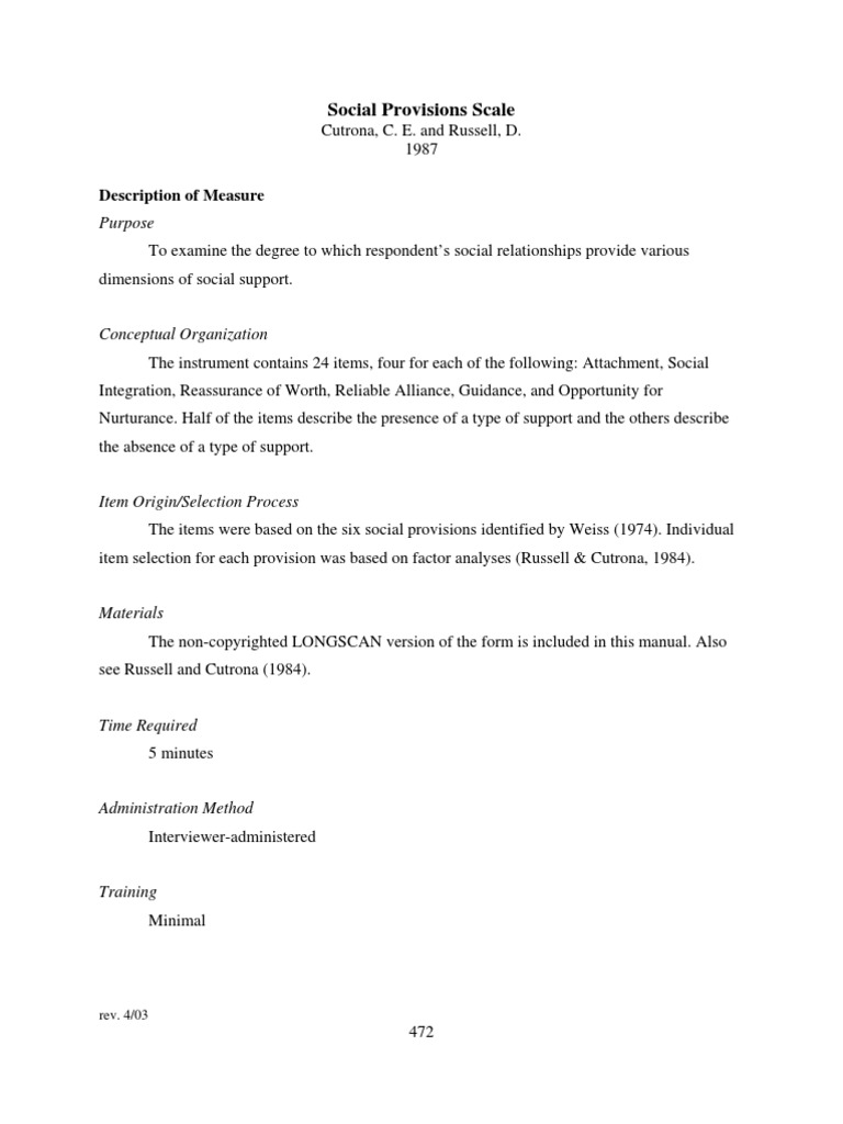 Social Provisions Scale | PDF | Social Support | Internal Consistency