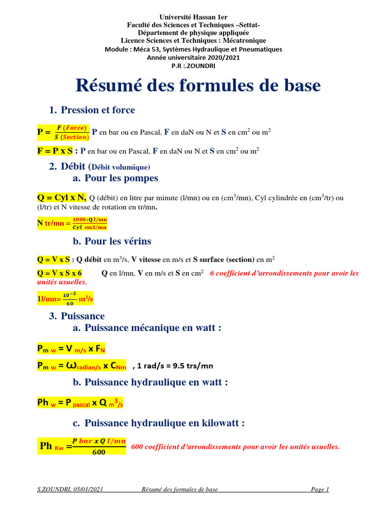 Formules de Puissance Hydraulique | PDF | Pompe | Puissance (physique)