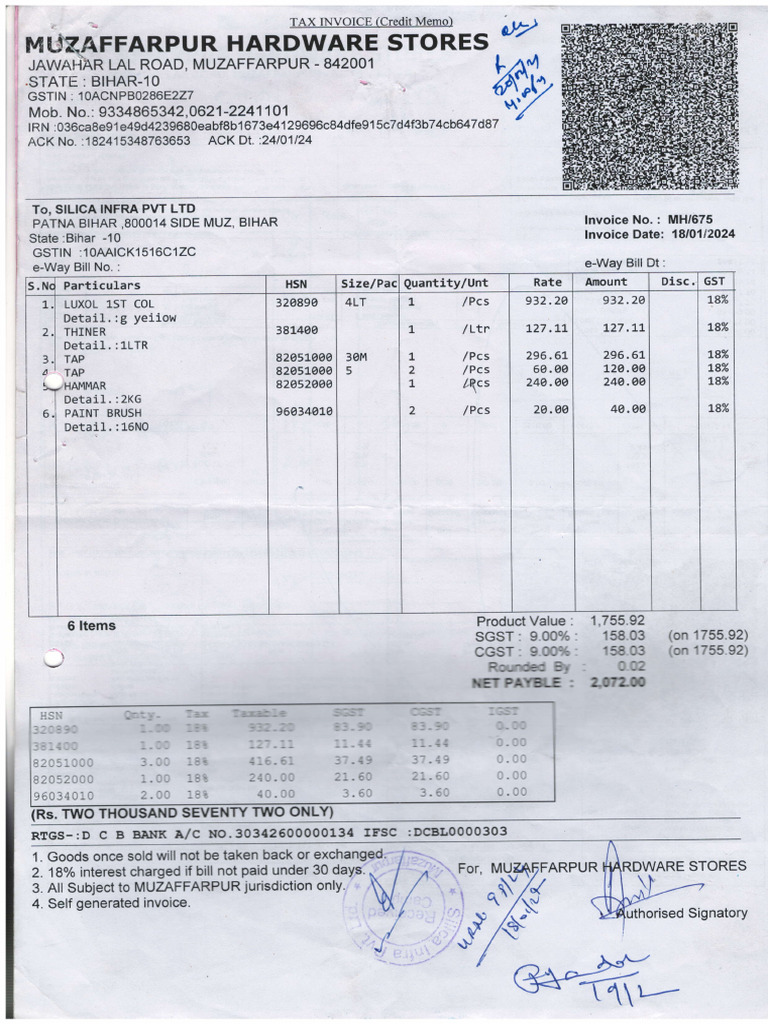 Muzaffarpur Hardware Tax Invoices | PDF