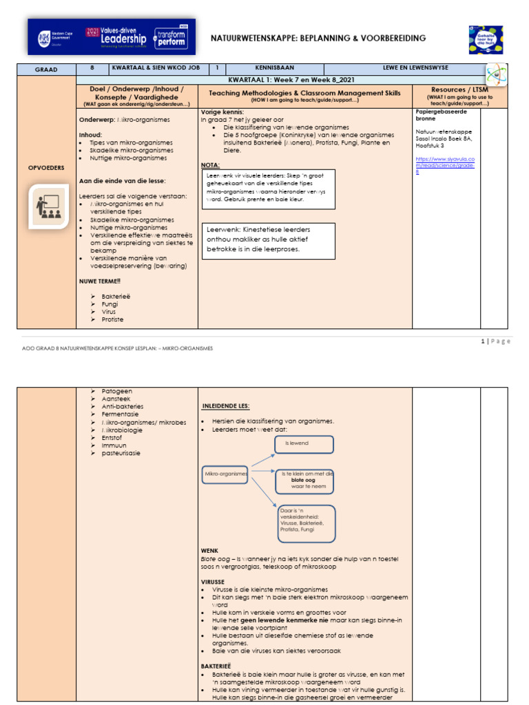 Lesplan Gr. 8 Natuurwetenskappe K1 W7 & W8 | PDF