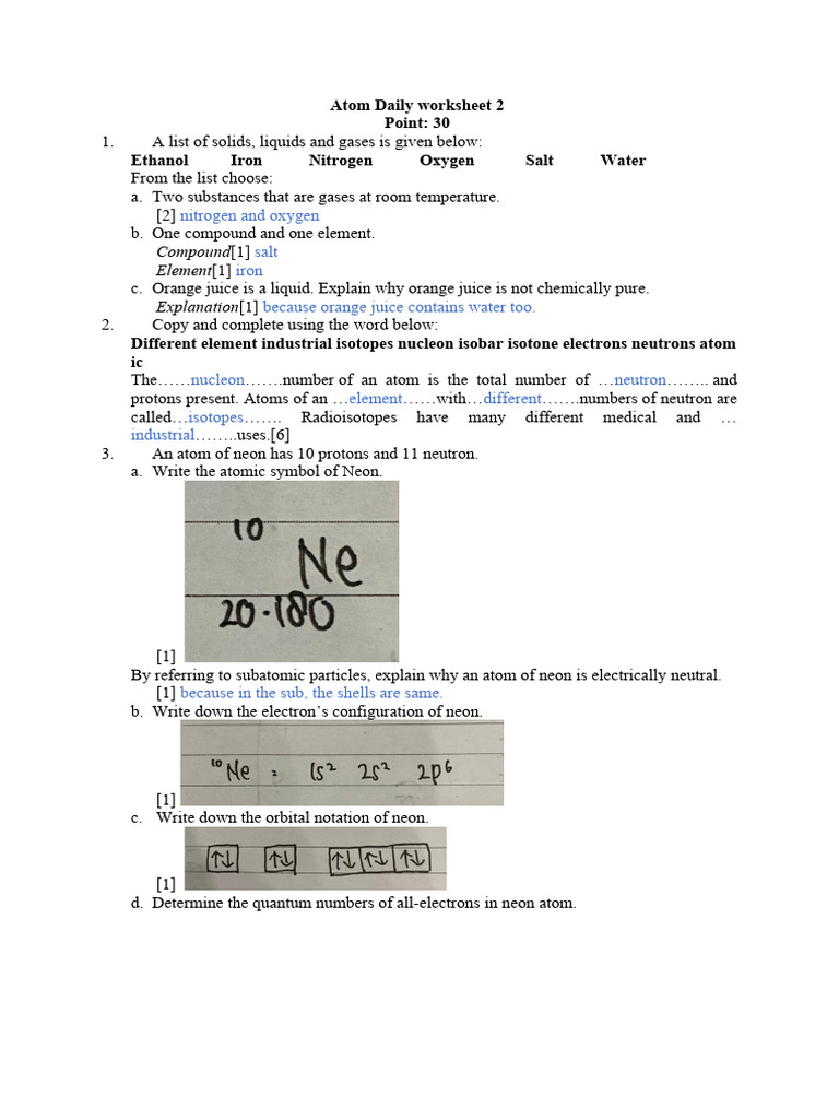 Atom Daily Worksheet 2 | PDF | Science & Mathematics