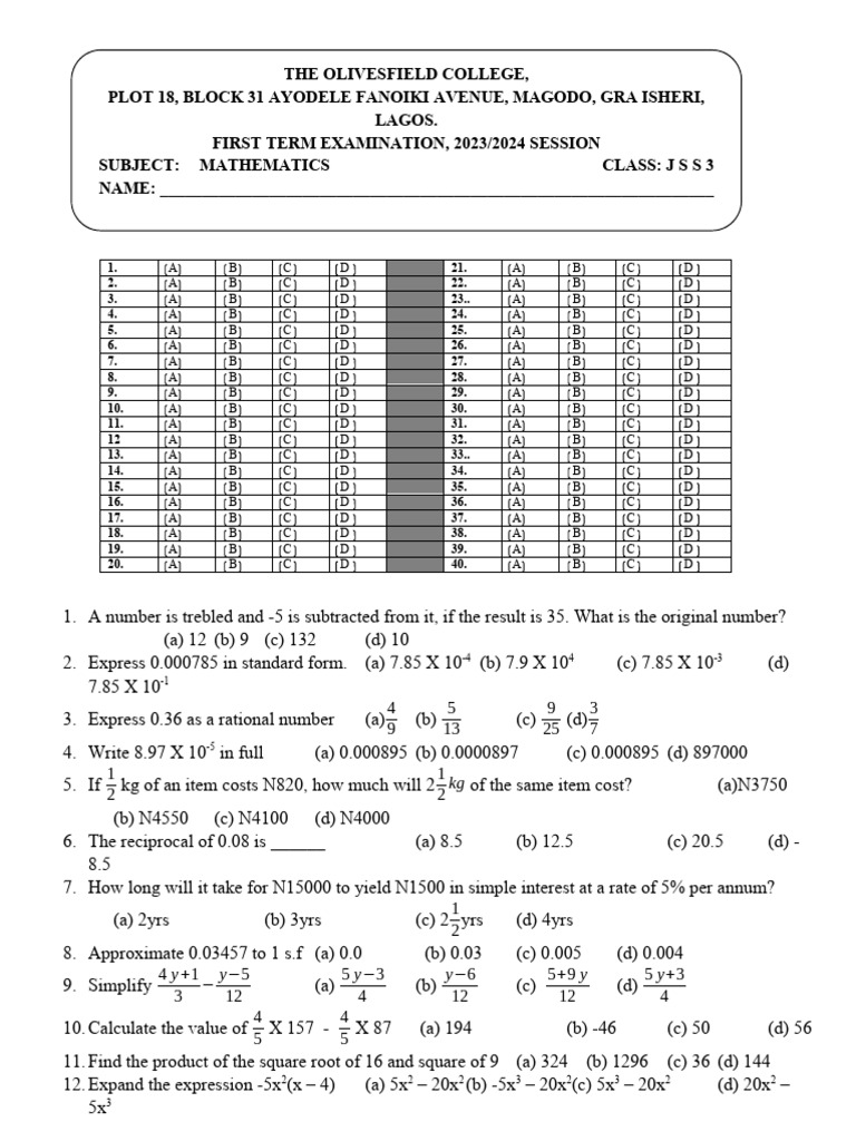 maths jss3 first term 2023-2024 | PDF | Interest | Compound Interest