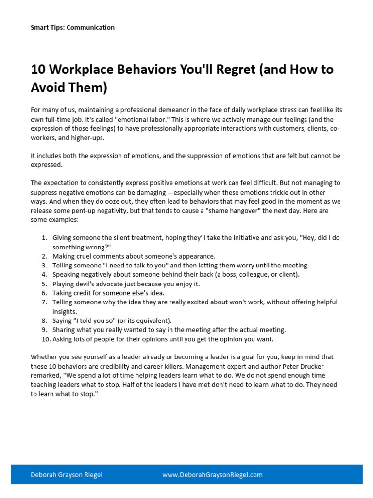 Smart Tips Handout - 10 Workplace Behaviors You'll Regret (And How To ...