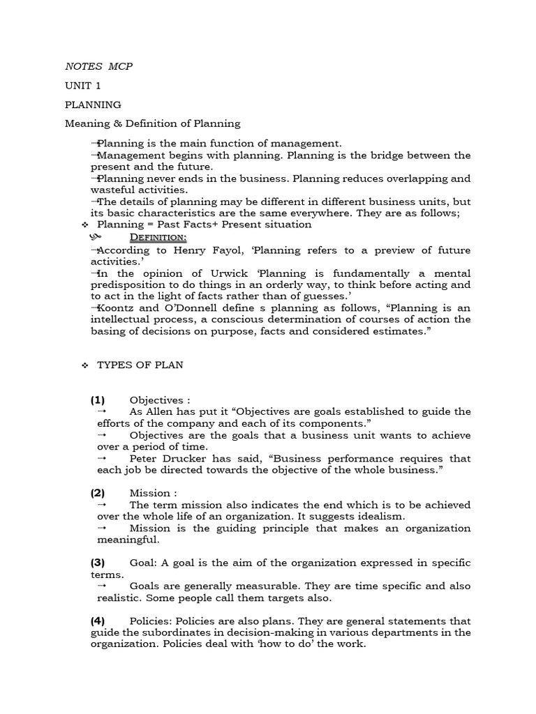 Class NOTES of Planning MCP | PDF | Policy | Goal