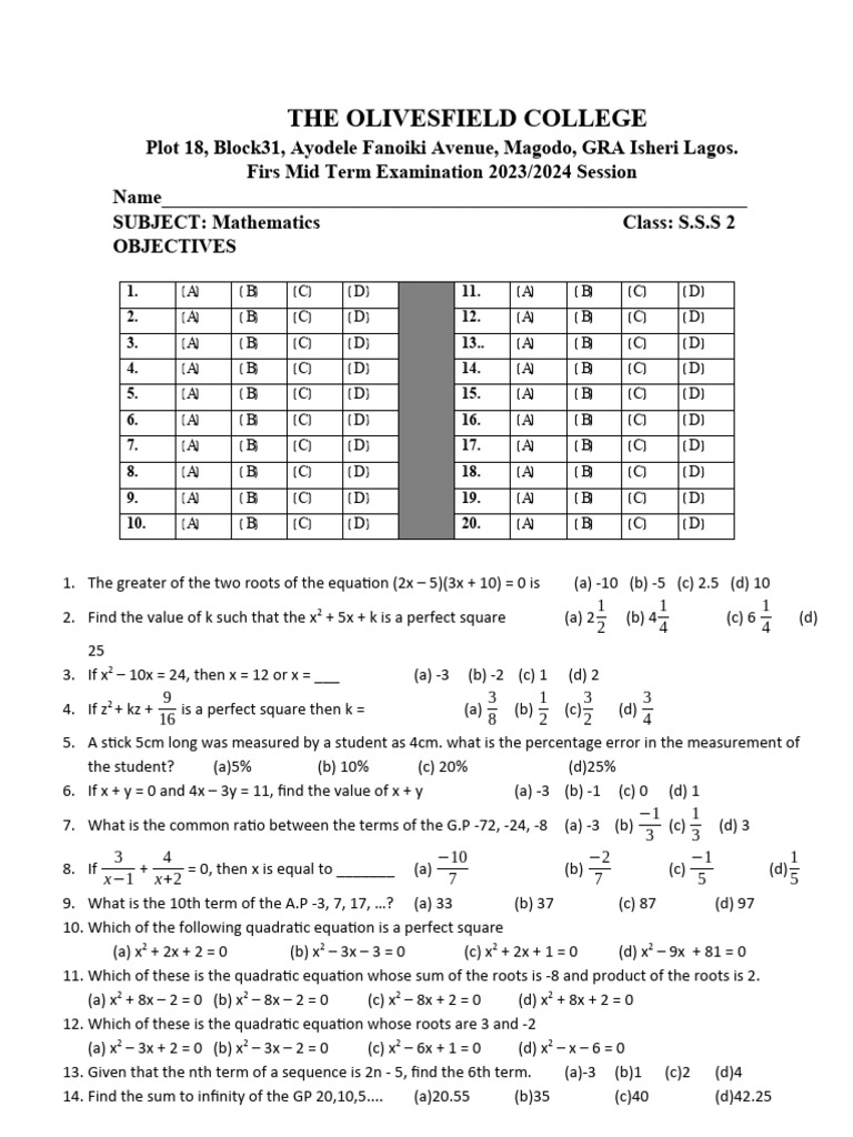 Mathematics Exam: Quadratic Equations | PDF | Numbers | Mathematics