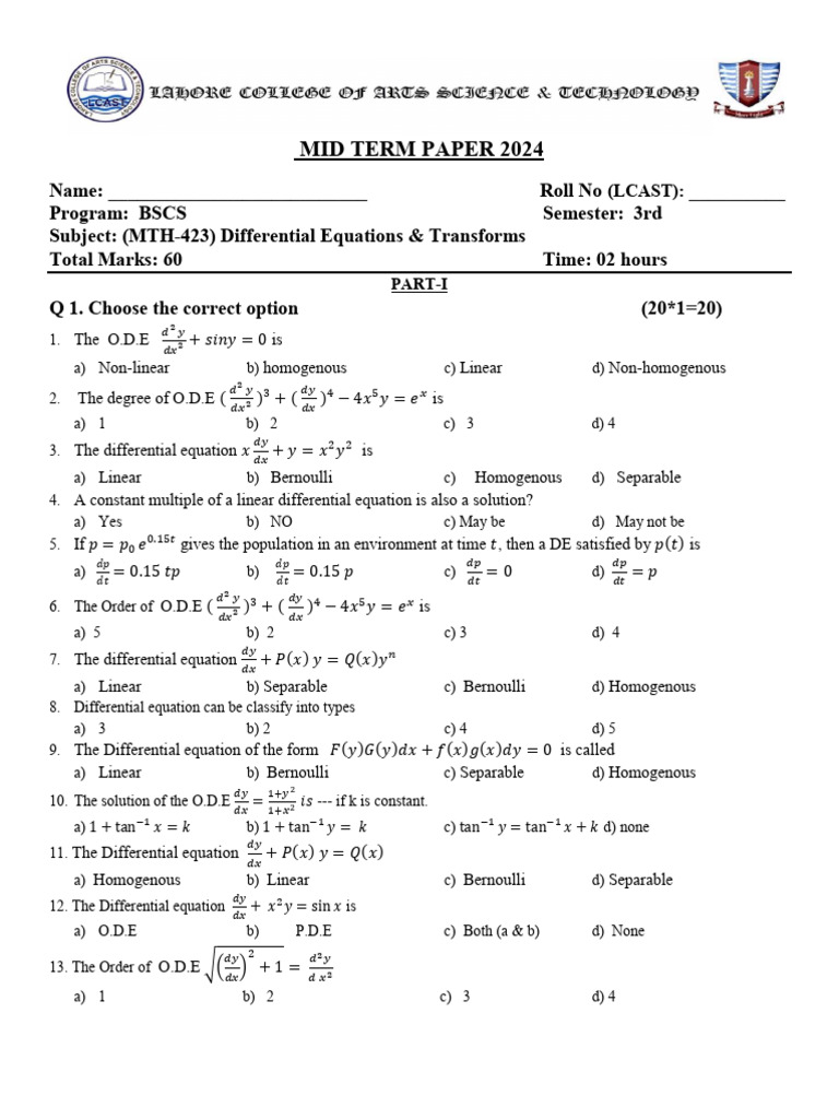 Mid-Term Exam of Differential Equations and Transforms (MTH-423), Feb ...