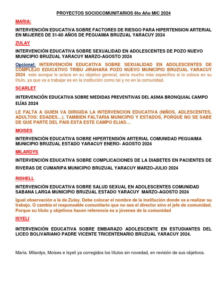 Titulos Proyectos Sociocomunitarios 6to Año Mic 2024 | PDF
