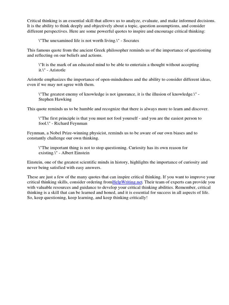 Critical Thinking Quotes | PDF | Critical Thinking | Thought Critical Thinking Quotes | PDF | Critical Thinking | Thought