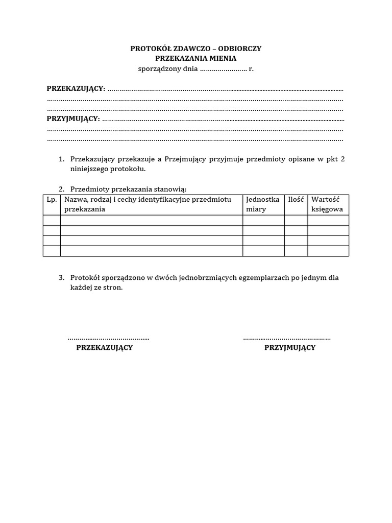 Protokół Zdawczo-Odbiorczy (Mienie) | PDF