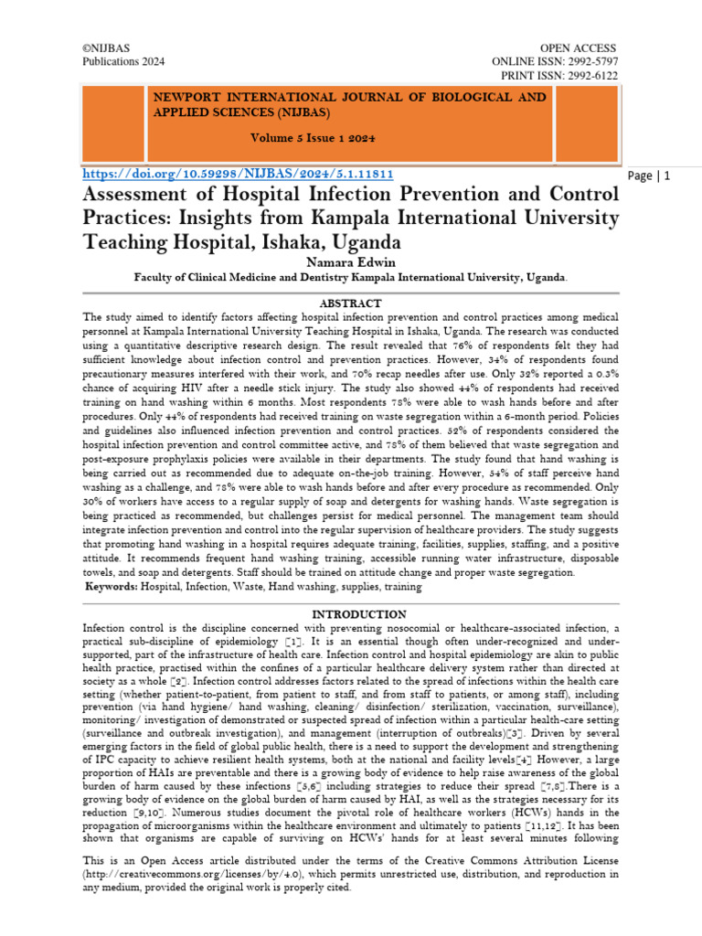 Assessment of Hospital Infection Prevention and Control Practices ...