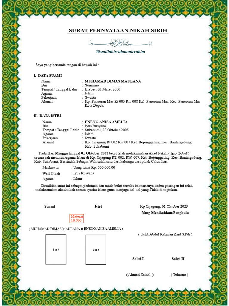 Surat Pernyataan Nikah Sirih-1 | PDF