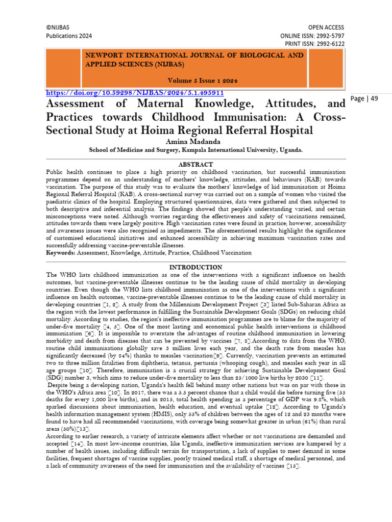 Assessment of Maternal Knowledge, Attitudes, and Practices Towards Childhood Immunisation A ...