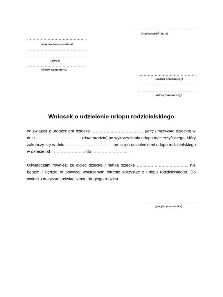 Wniosek o Udzielenie Urlopu Rodzicielski | PDF