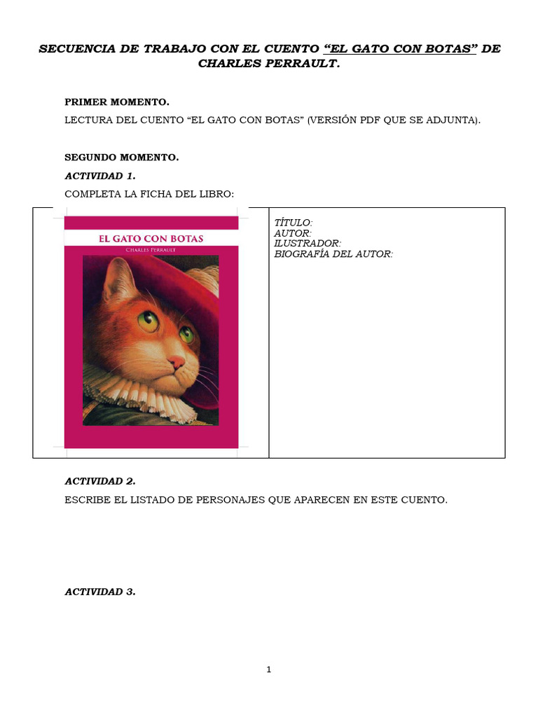 Actividades sobre "El Gato con Botas" | PDF