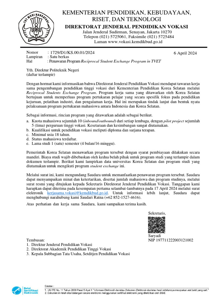 Surat Permohonan Kesediaan Politeknik Untuk Program Student Exchange ...