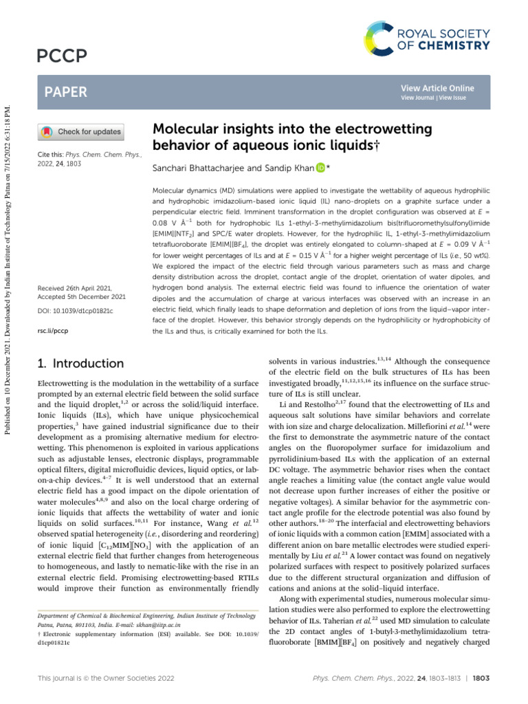 Paper: Molecular Insights Into The Electrowetting Behavior of Aqueous ...
