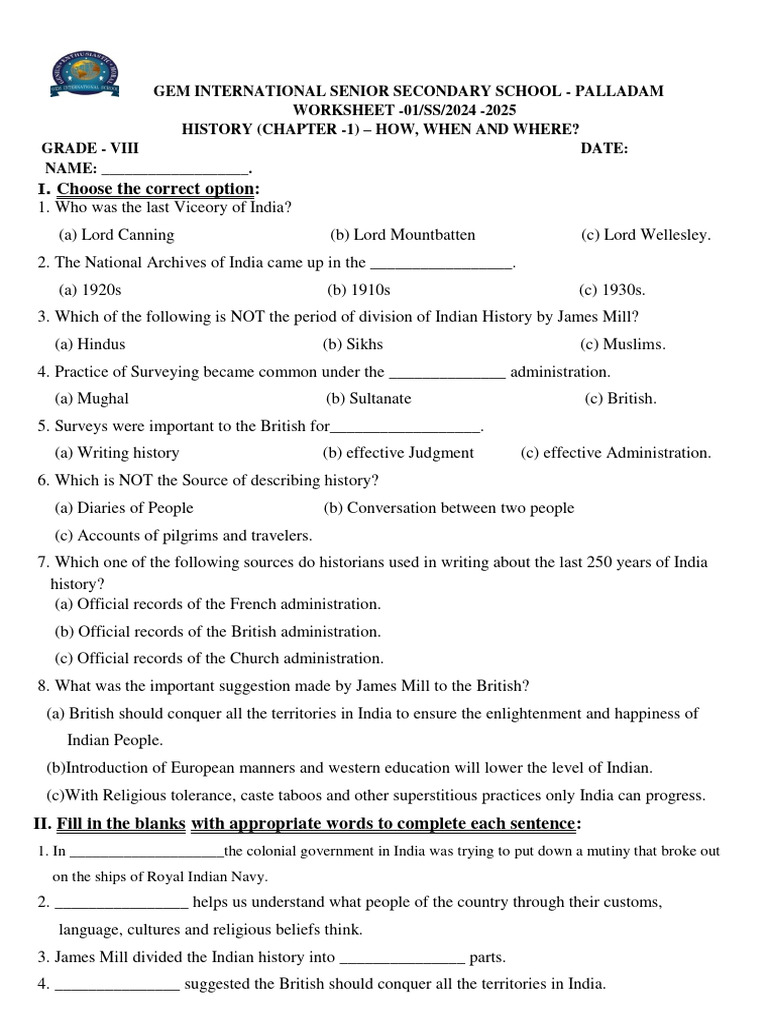 Grade - 8 History Work Sheet 1 | PDF | British Raj