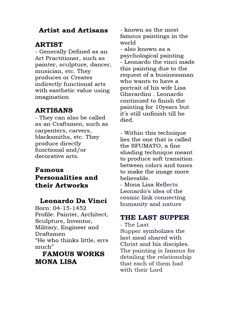 Artist and Artisans Handouts | Download Free PDF | Michelangelo | Paul ...