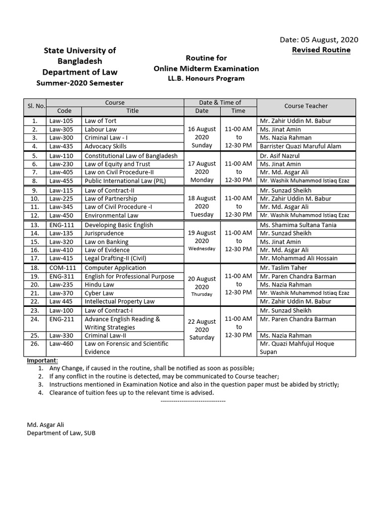 Routine For Online Midterm Examination Summer 2020 | PDF | Government ...