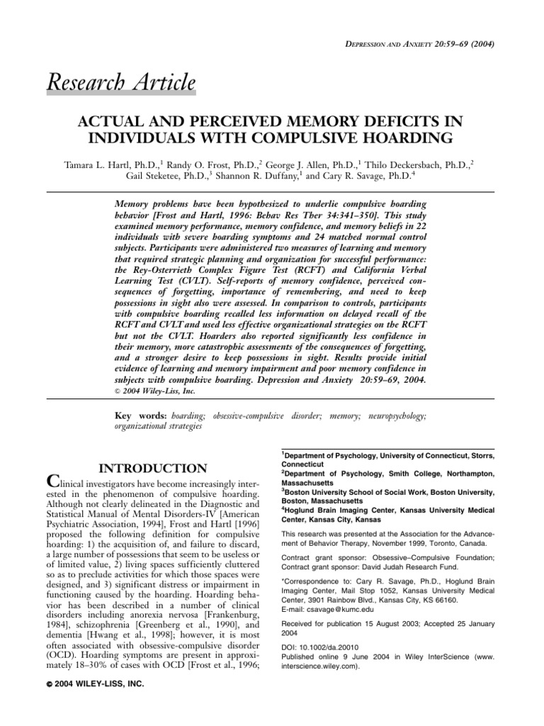Actual and Perceived Memory Loss in Individuals With Compulsive Hoarding | PDF | Recall (Memory ...