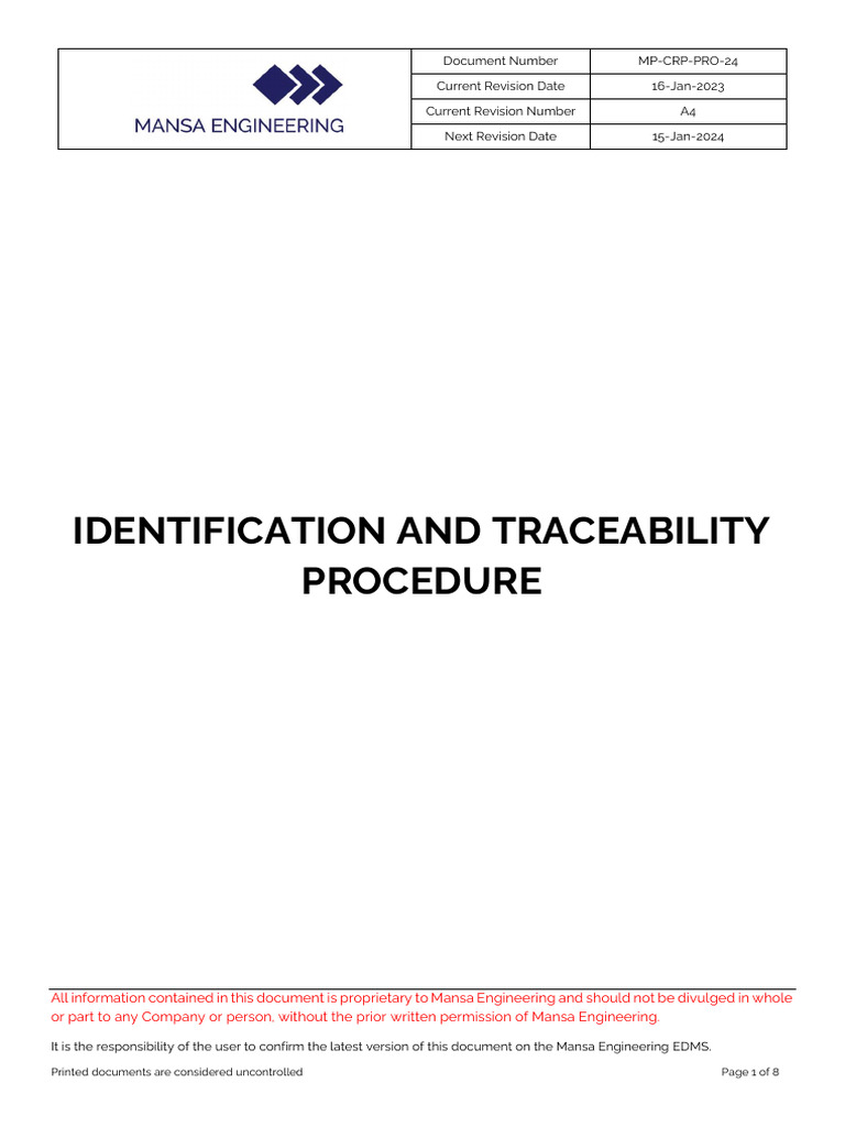 MP-CRP-PRO-24 Identification and Traceability Procedure | Download Free PDF | Quality Management ...