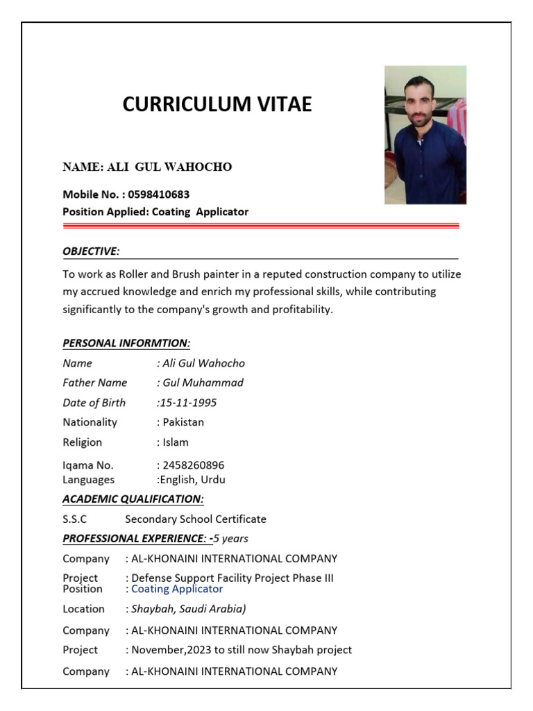 CV of Ali Gul Wahocho: Coating Applicator | PDF | Paint | Paintings
