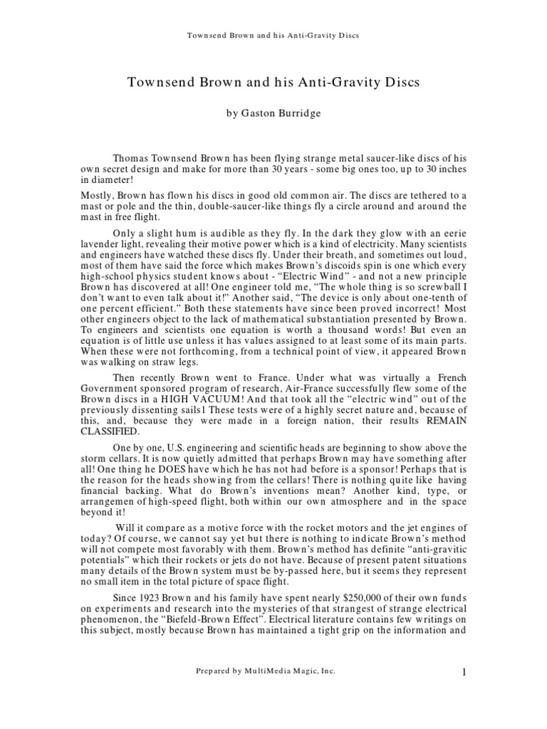 Townsend Brown and His Anti-Gravity Disc | PDF