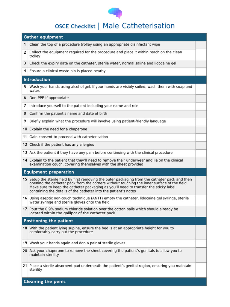 OSCE Checklist Male Catheterisation | PDF | Catheter | Urology OSCE Checklist Male Catheterisation | PDF | Catheter | Urology