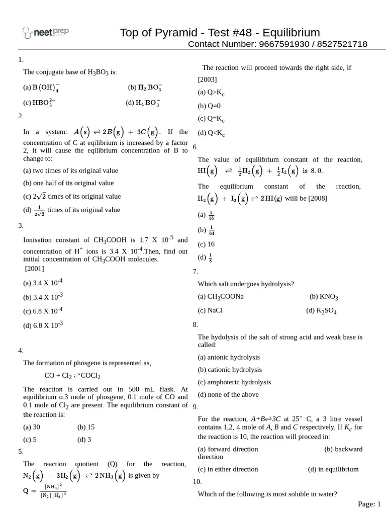 Test 48 - Equilibrium - Top of Pyramid | PDF | Physical Chemistry ...