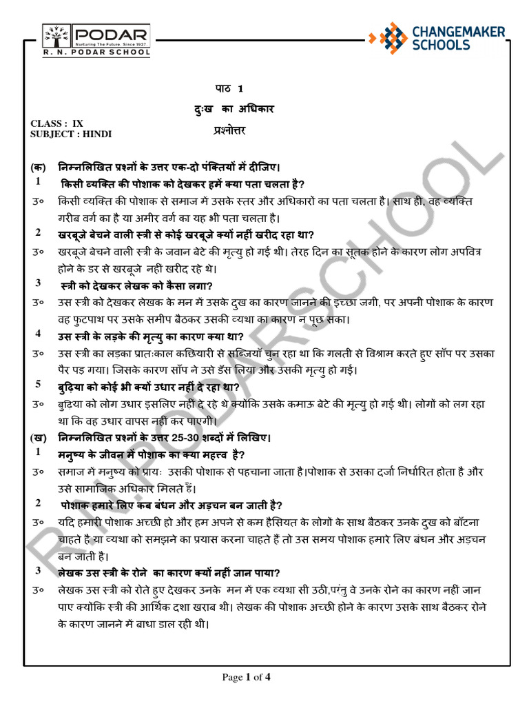 Class 9 Hindi दुःख का अधिकार Chapter Notes | PDF