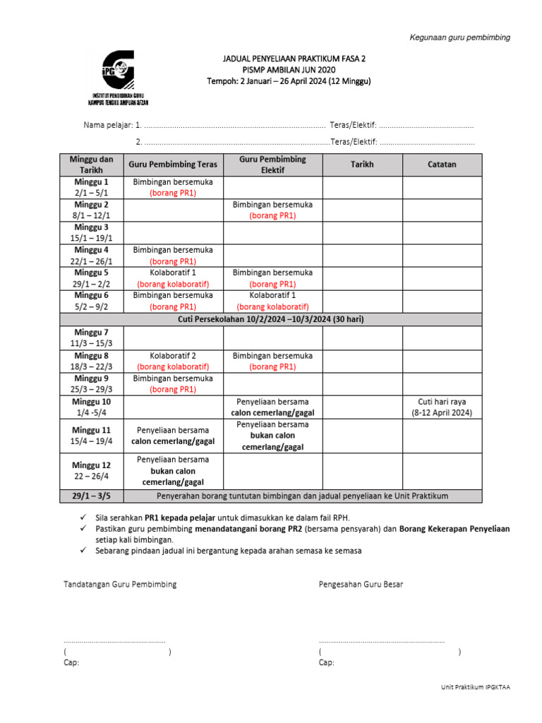 Jadual Penyeliaan PISMP | PDF