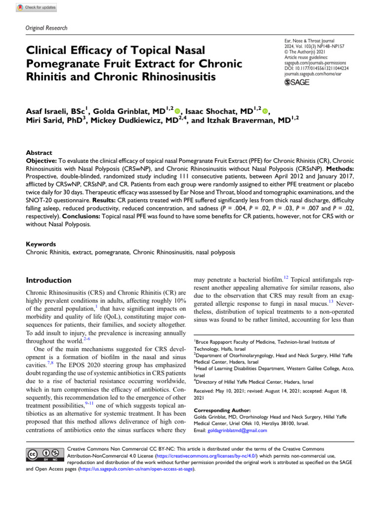 Israeli Et Al 2021 Clinical Efficacy of Topical Nasal Pomegranate Fruit Extract For Chronic ...