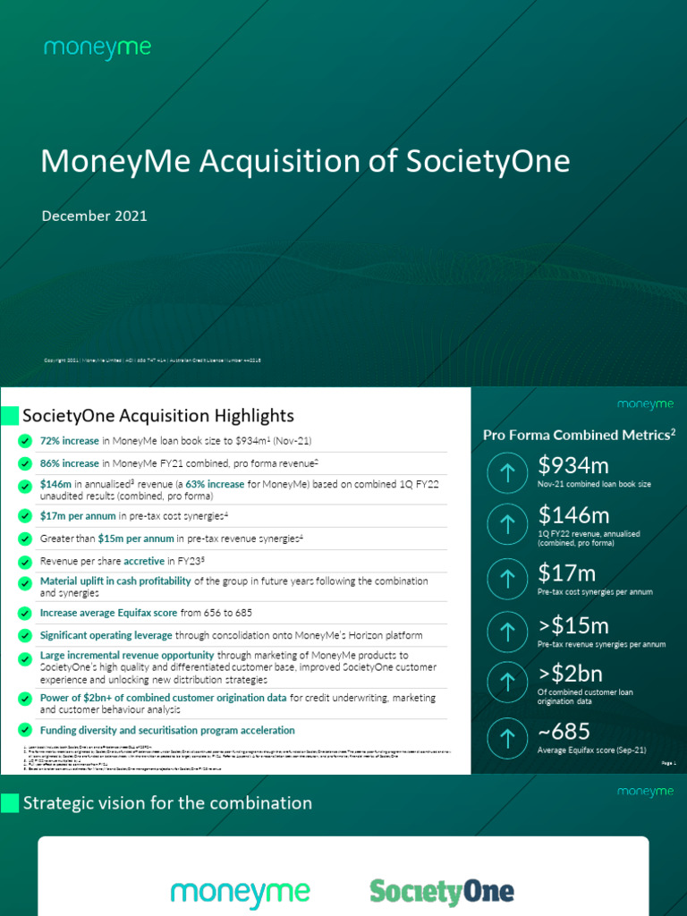 Moneyme Acquisition of Societyone: December 2021 | PDF | Mergers And ...