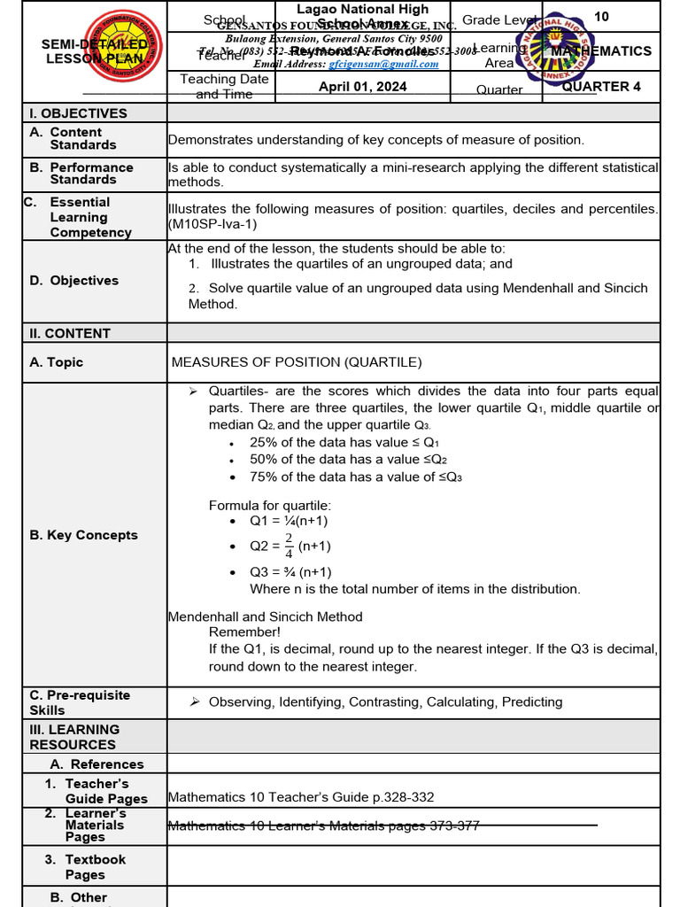 Grade 10 Math Lesson Plan: Quartiles | PDF | Quartile | Mathematics