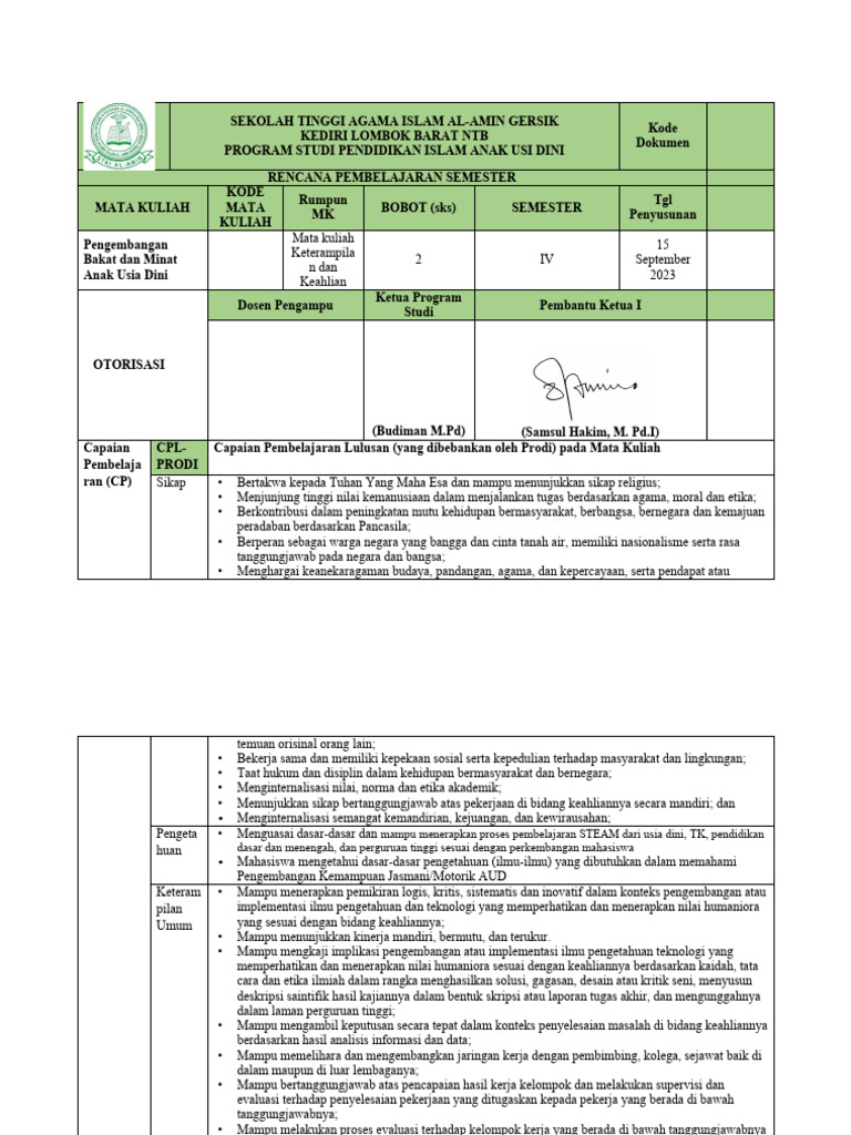 RPS Pengembangan Bakat Dan Minat AUD | PDF
