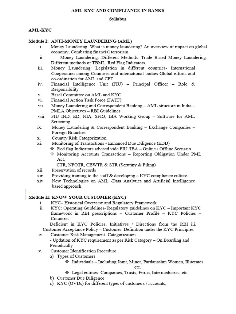AML-KYC Compliance Training Syllabus | PDF | Money Laundering ...