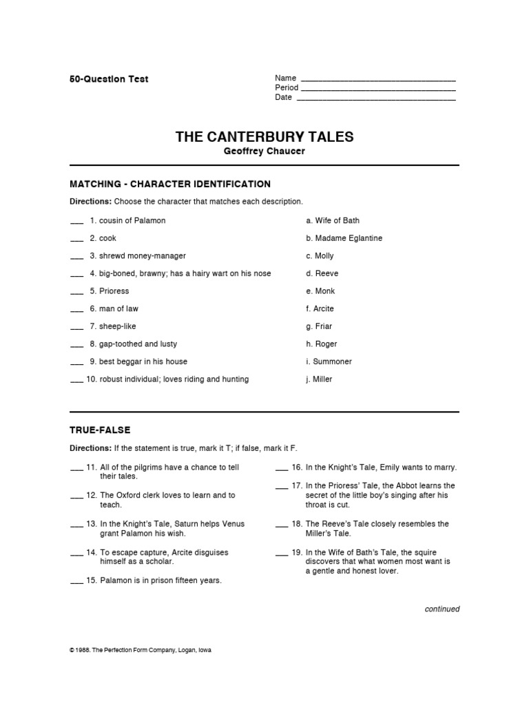 The Canterbury Tales: 50-Question Test | PDF | Frame Stories ...