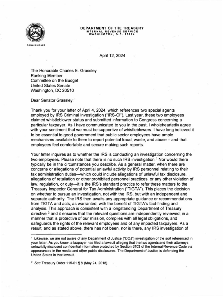 Werfel Letter To Grassley | PDF | Internal Revenue Service | Justice