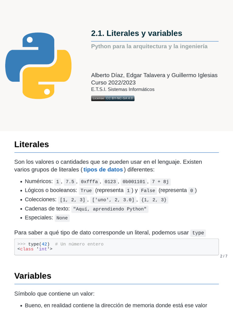 07 - 2.1. Literales y Variables | PDF | Lenguaje de programación | Python (lenguaje de programación)