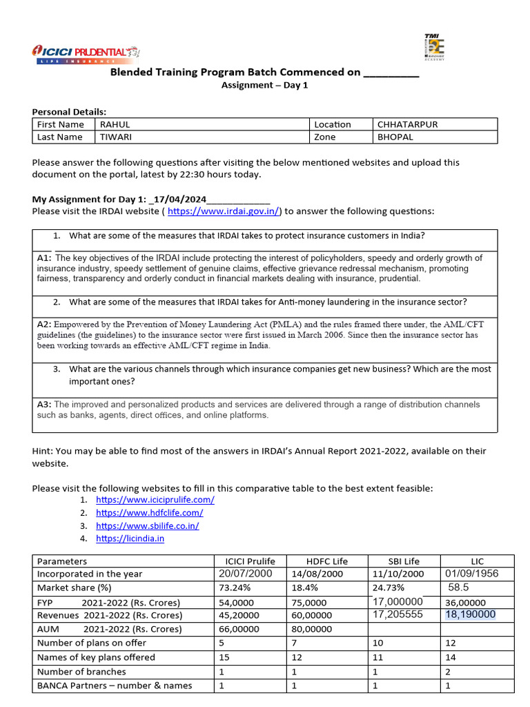 Ipru Assignment D1 2 1ay Pdf Insurance Business