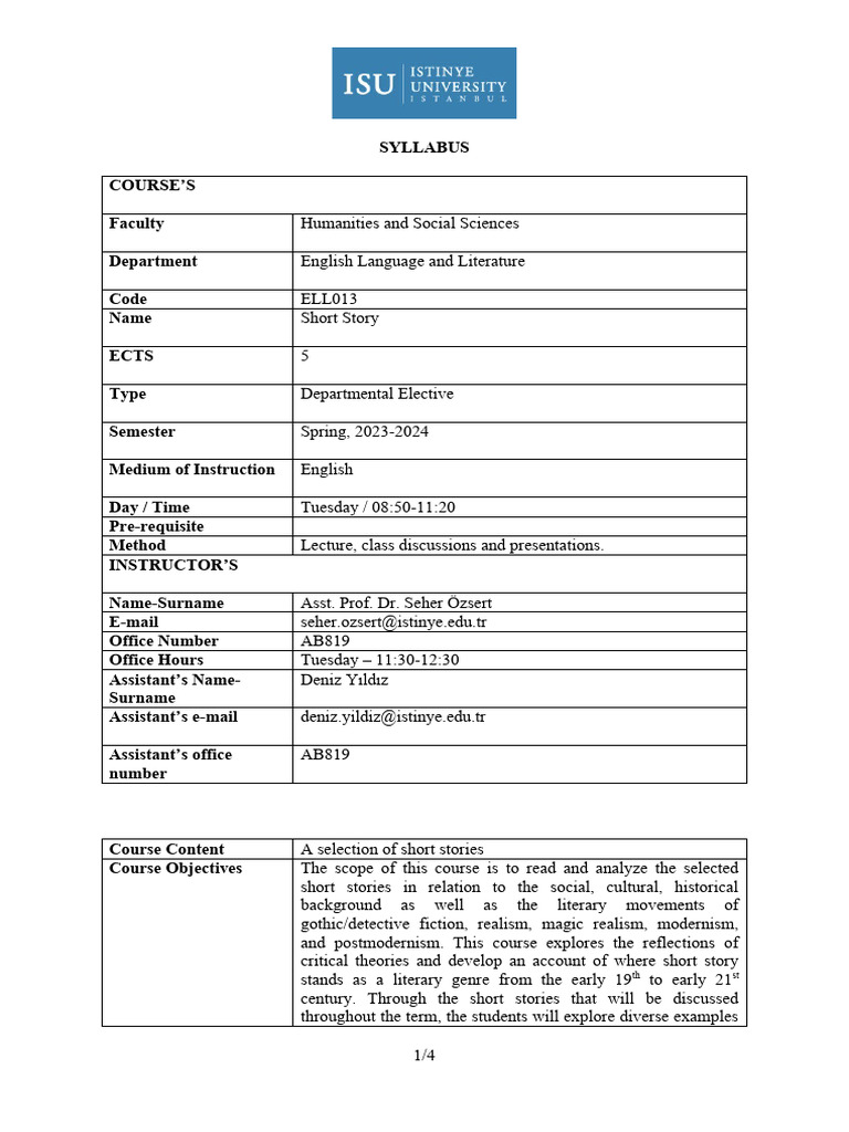 Short Story Course Syllabus 2023-24 | PDF | Plagiarism