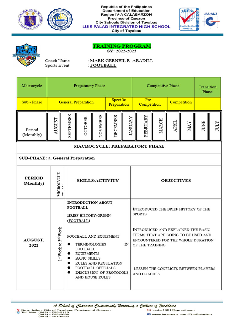 Training Program Football 2022 2023 | PDF