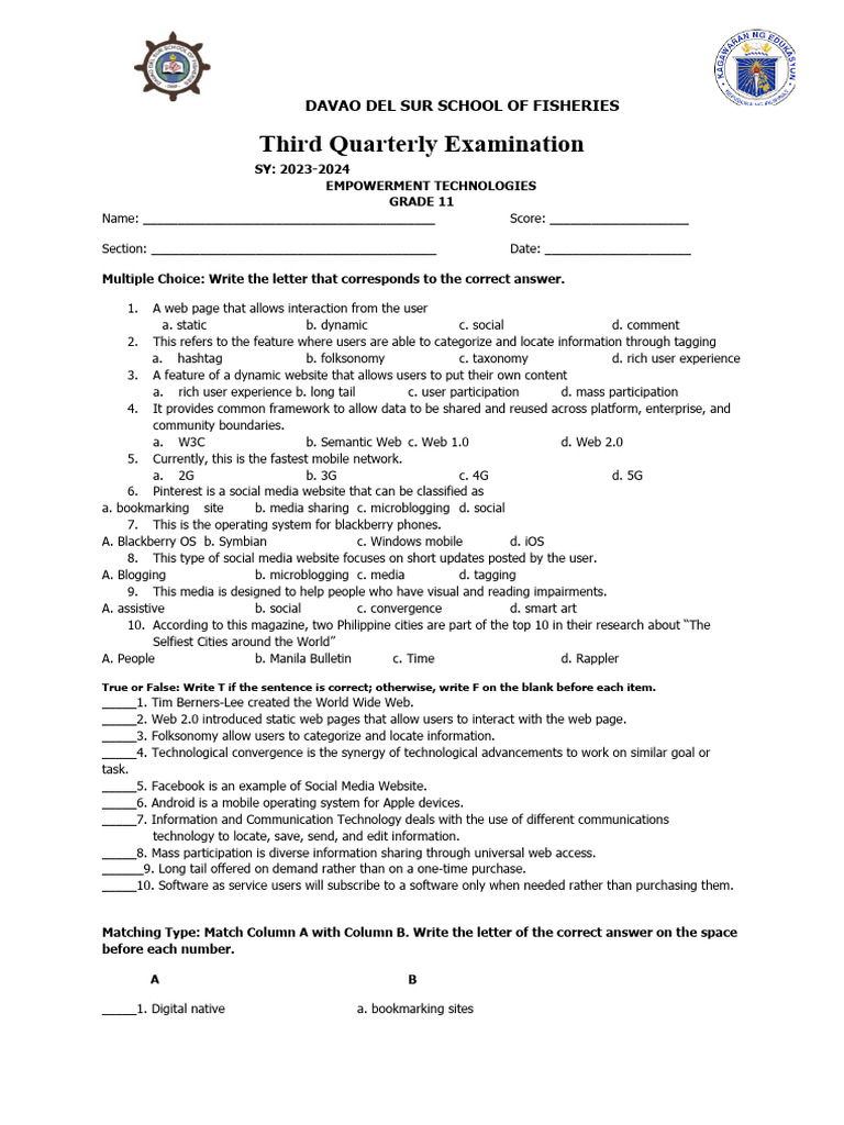 3rd Quarter Exam (2023-2024) | PDF | World Wide Web | Internet & Web
