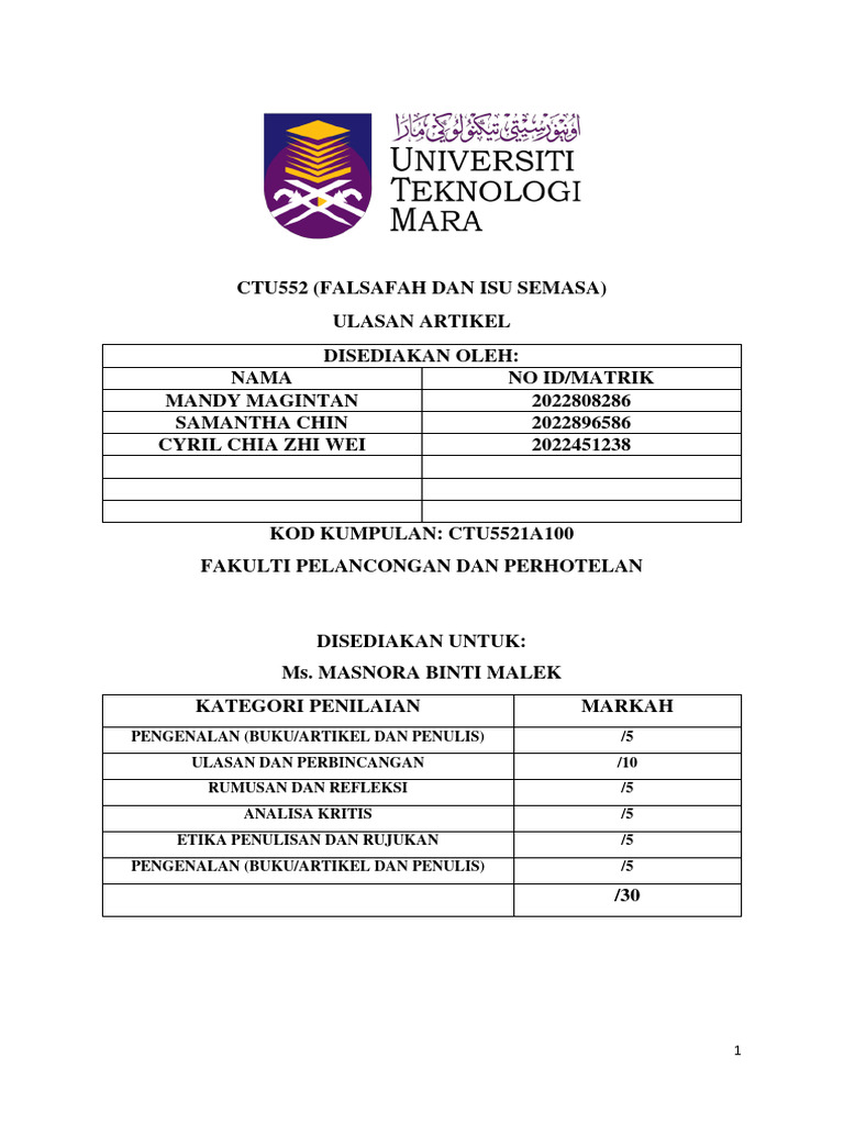 Contoh Kertas Kerja Ctu552 - Tugasan Ulasan Artikel | PDF