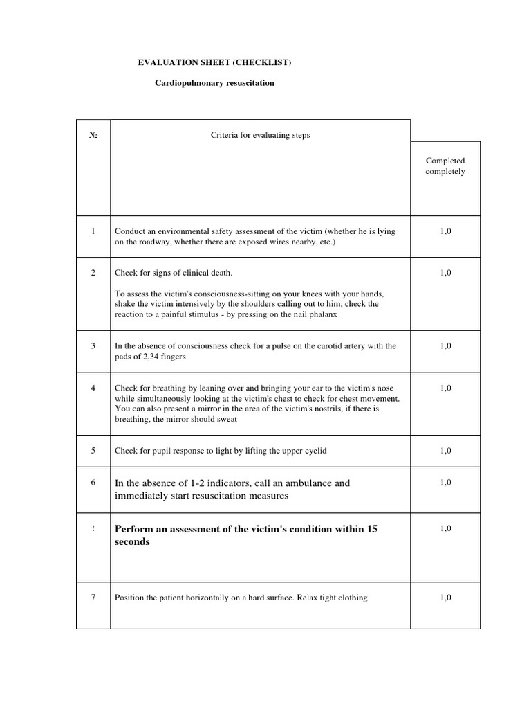 First Aid - CPR Checklist | PDF | Cardiopulmonary Resuscitation ...