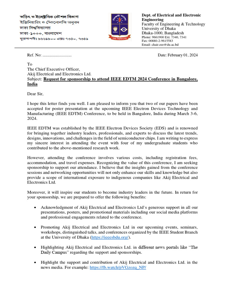 DU EEE Sponsorship Proposal | PDF | Electrical Engineering | Institute ...