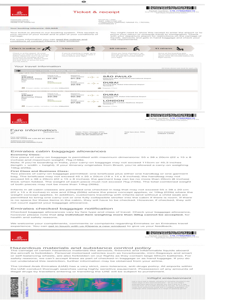 Emirates Flight Ticket and Baggage Info | PDF | Baggage | Aviation