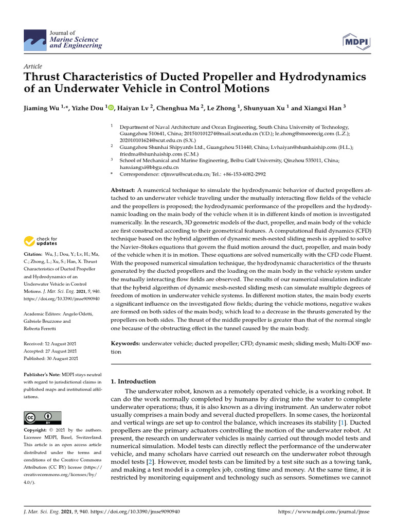 Thrust Characteristics of Ducted Propeller and Hydrodynamics of an Underwater Vehicle in Control ...