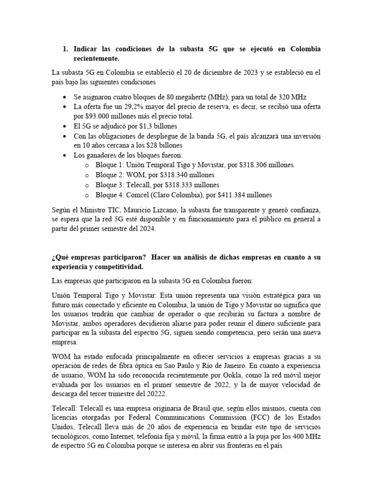 Indicar Las Condiciones de La Subasta 5G Que Se Ejecutó en Colombia Recientemente | PDF